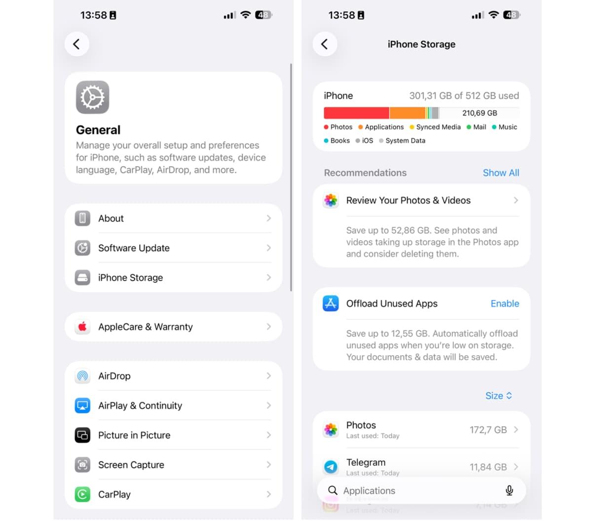 What do applications mean in iPhone storage?
